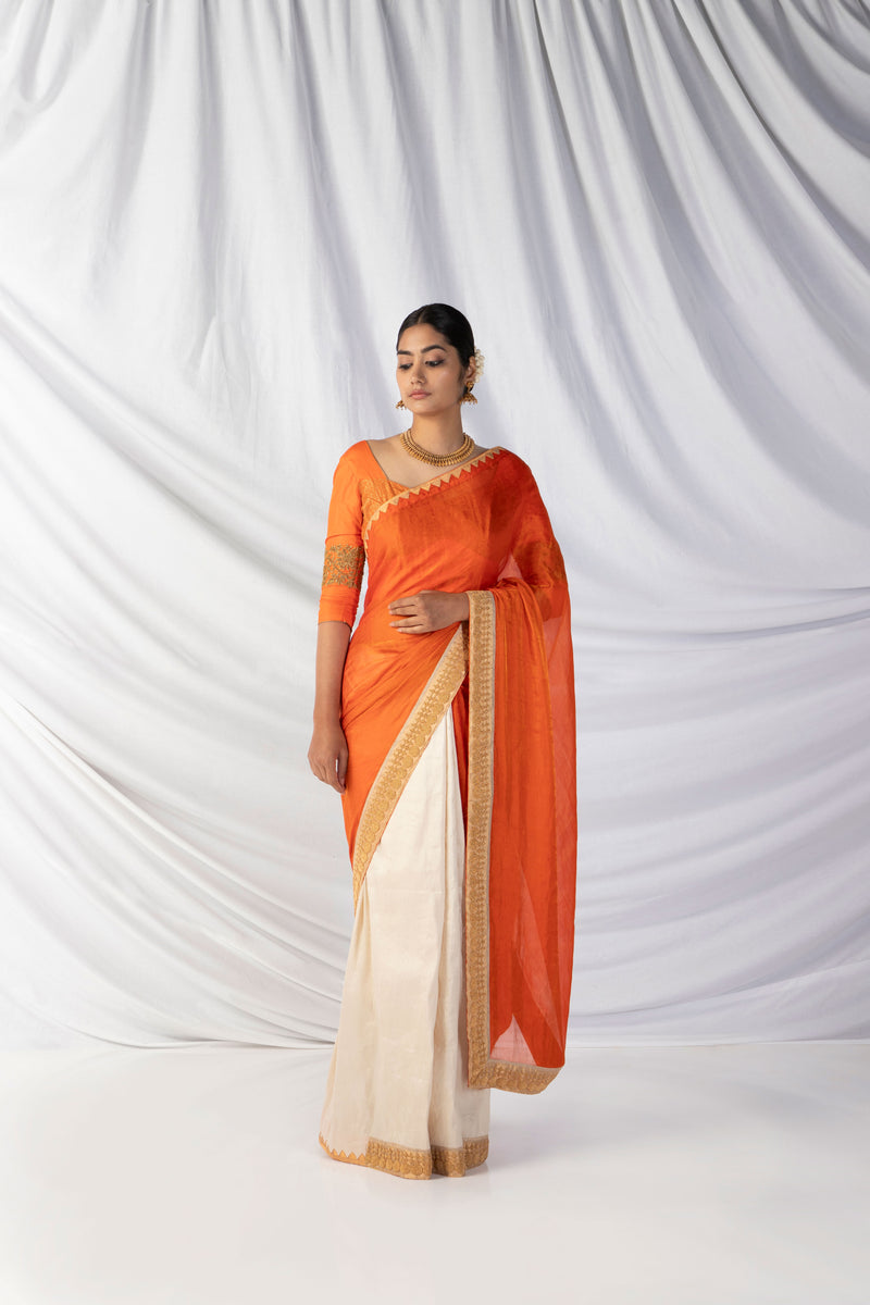 Siri Saree And Blouse Set In Fine Orange , Pearle White – Latha ...